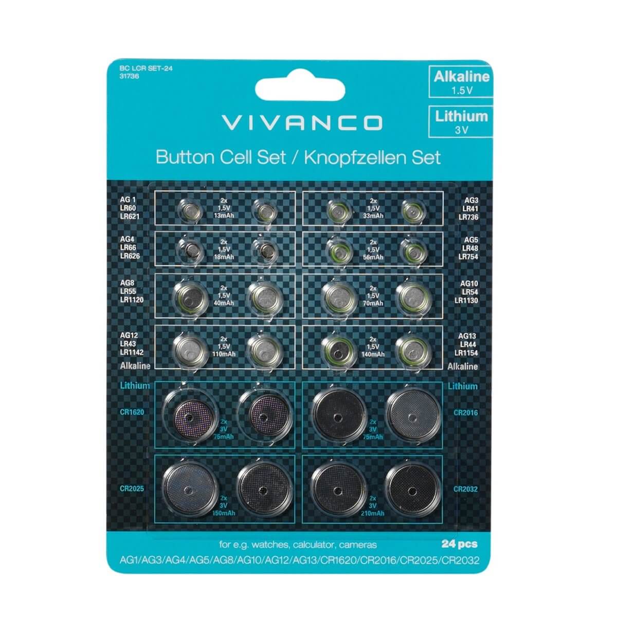 Set of button cells, 24 pcs., 12 different types (Order in 20's) - Vivanco